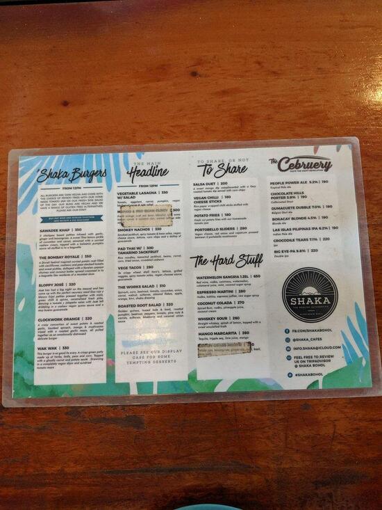 Menu at Shaka restaurant, Panglao