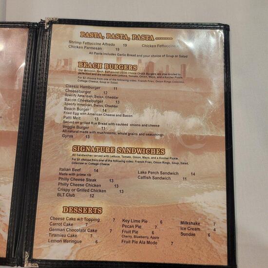 Menu at Beach Cafe, Gary