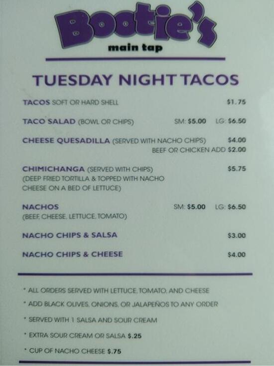 Menu at Bootie's Main Tap pub & bar, Pecatonica