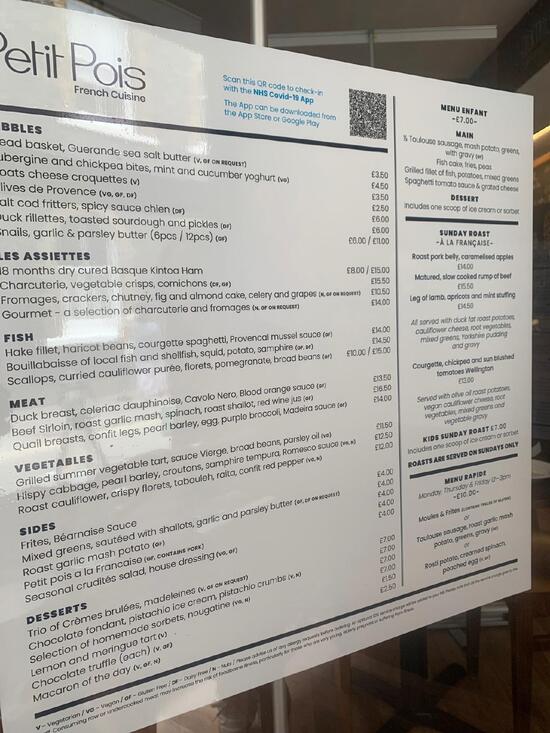 Menu at Petit Pois Restaurant, Brighton