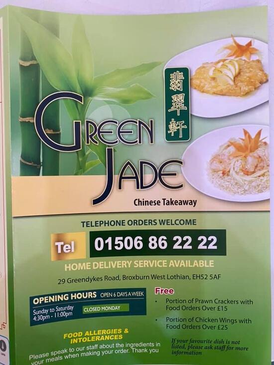 Menu at Green Jade fast food, Broxburn