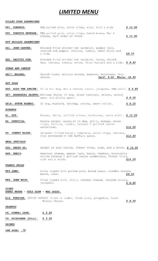 Menu at Mayfield Sub Shop restaurant, USA