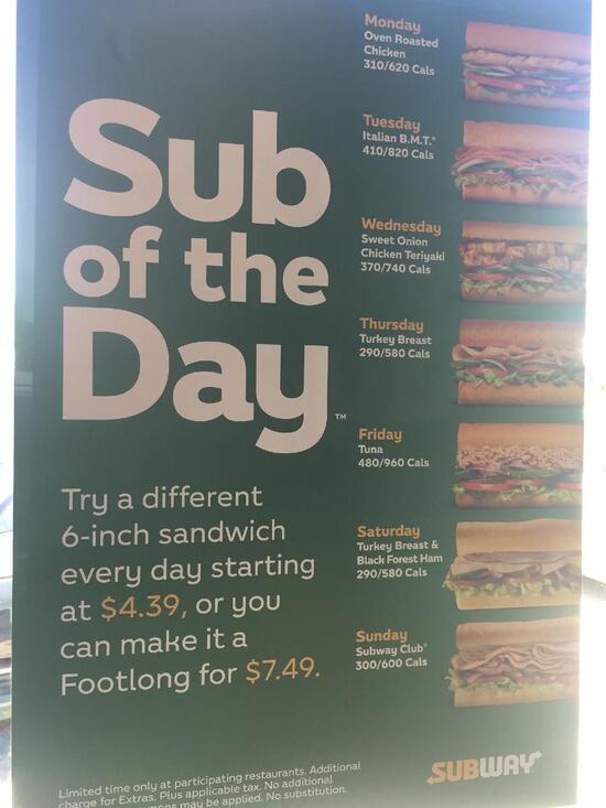 Menu at Subway fast food, Windsor, Huron Church Rd