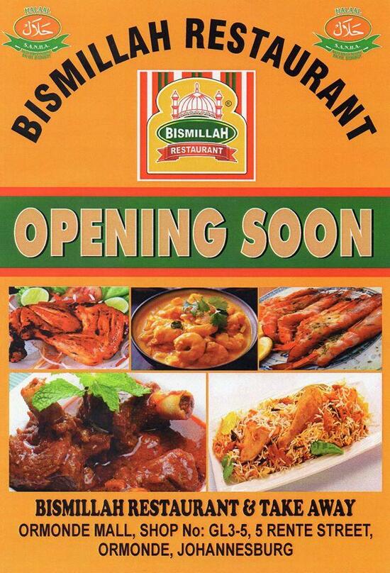Carta de Bismillah Restaurant-Ormonde, Johannesburgo
