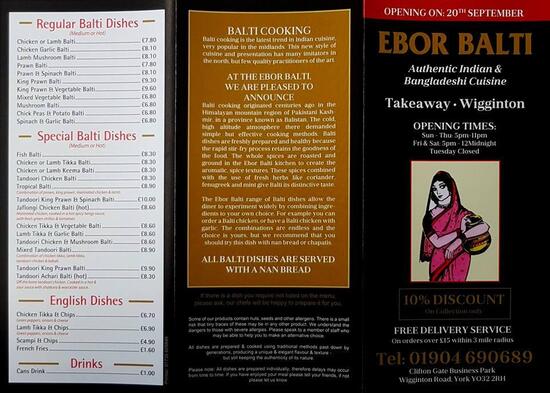 Menu at Ebor Balti restaurant, York
