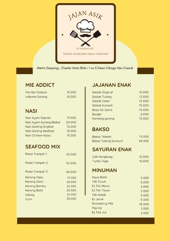 Menu at Jajan Asik restaurant, Cibogo