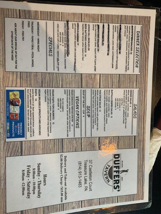 Menu at Duffer's Tavern restaurant, DuBois