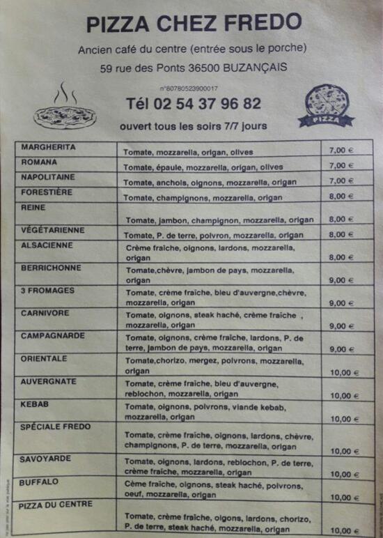 Menu au Pizza Chez Fredo pizzeria, Buzançais