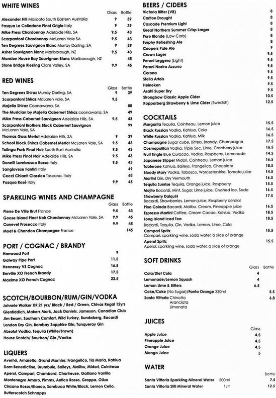 Menu at VR restaurant, Carlton