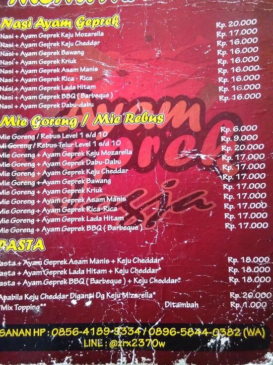 Menu at Ayam Geprek Jogja restaurant, Karawang
