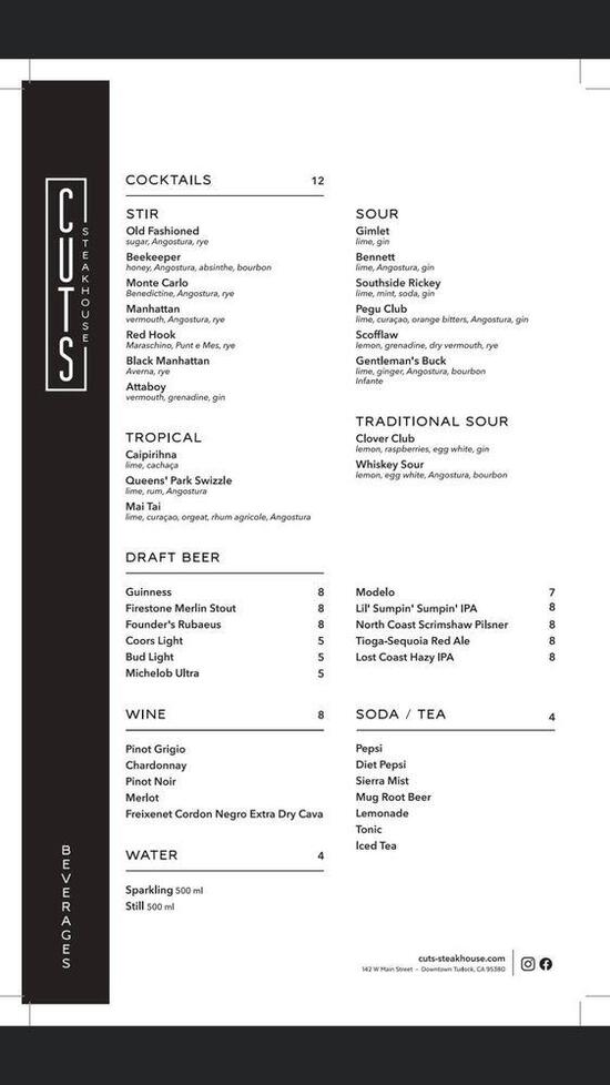 Carta de Cuts Steakhouse, Turlock