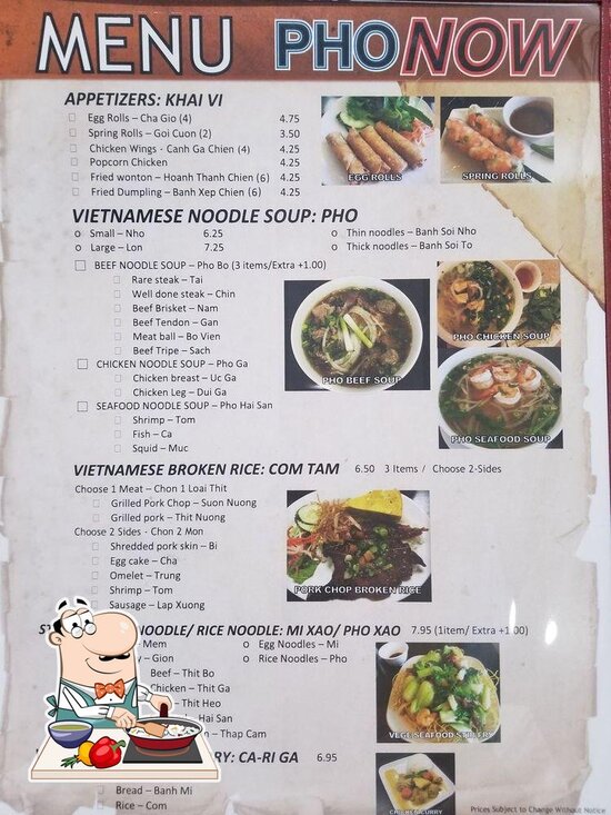 Menu at Pho Now restaurant, Anaheim