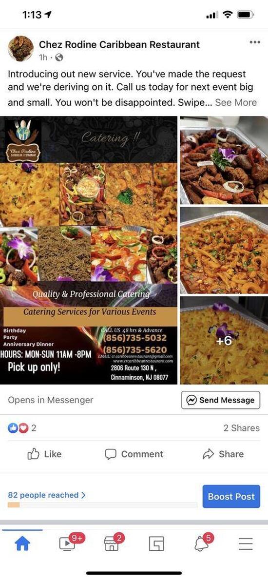 Carta de Chez Rodine Caribbean Restaurant, Municipio de Cinnaminson