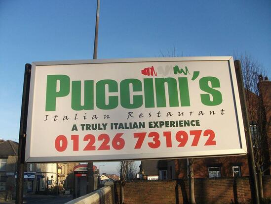 Menu at Puccini's restaurant, Barnsley