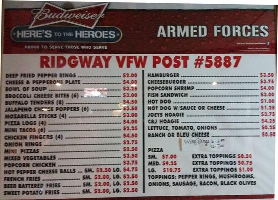 Menu at Ridgway, PA VFW Post 5887, Ridgway