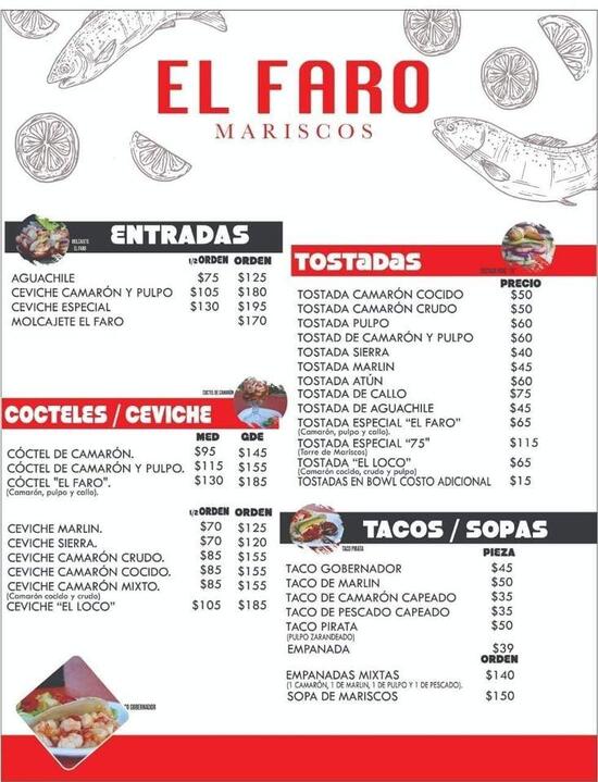Menu at El Faro Mariscos restaurant, Colima