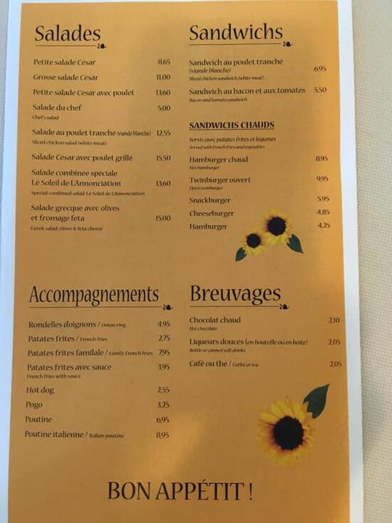 Carta de Le soleil Restaurant, Canada