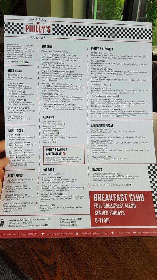Menu at Philly's Edinburgh restaurant, Edinburgh