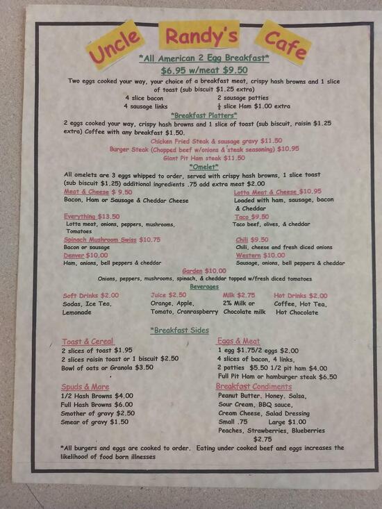 Menu at Uncle Randy's Cafe, Coquille