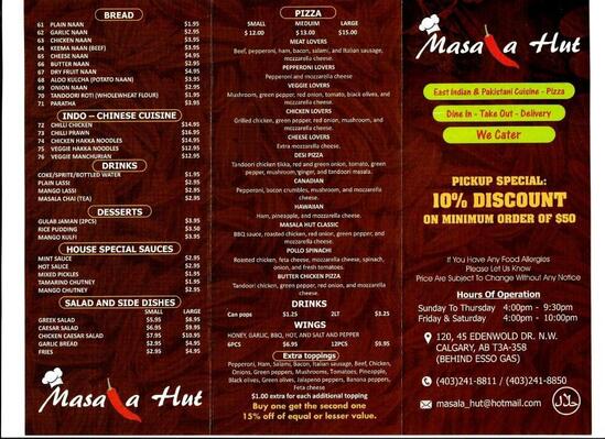 Menu at Masala Hut pizzeria, Calgary