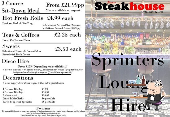 Menu at Sprinters Premier Steakhouse, Nottingham