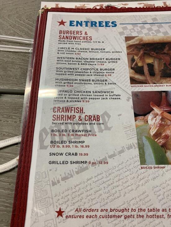 Menu at Circle M Crawfish restaurant, Big Sandy, State Hwy 155