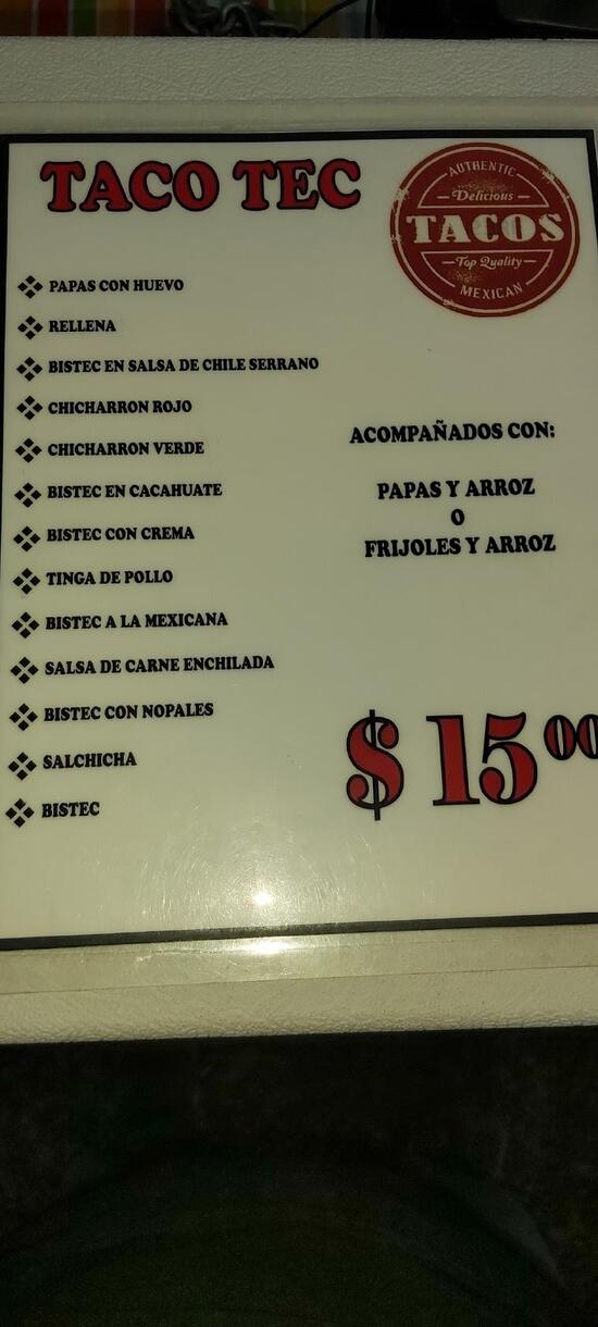 Menu at Taco Tec restaurant, Puebla City, Blvd valsequillo y calle pino