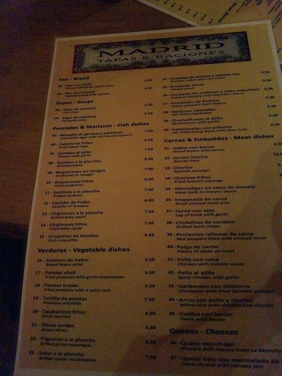 Menu at Restaurante Madrid, Amsterdam