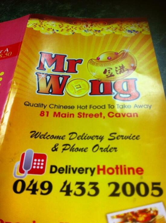 Menu at Mr Wong restaurant, Cavan