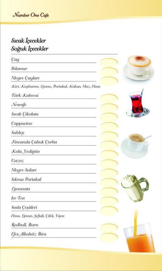 Menu at Number One Cafe, Istanbul