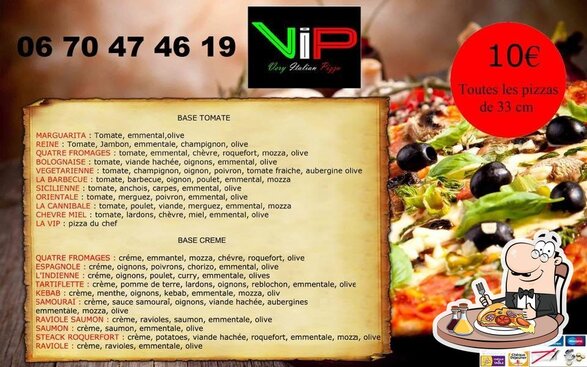 Menu at VIP pizza pizzeria, La Coucourde