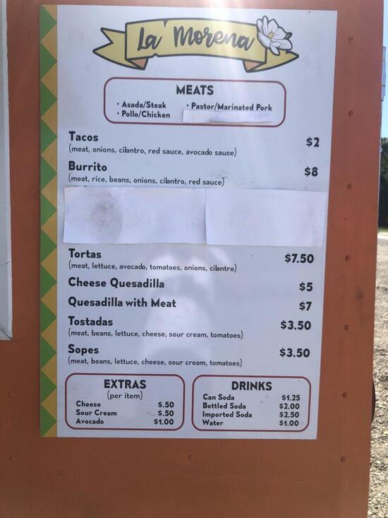 Menu at La Morena Taco truck, Vacaville