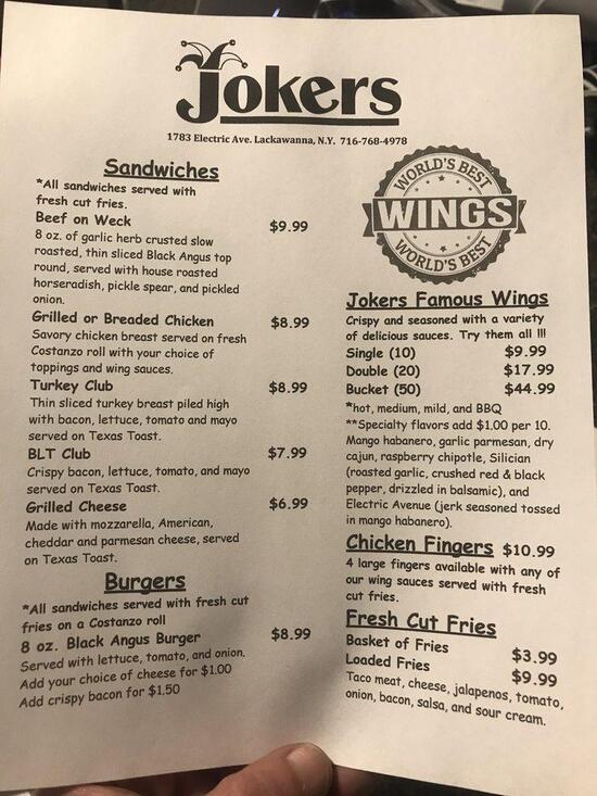 Menu at Jokers Bar, Lackawanna