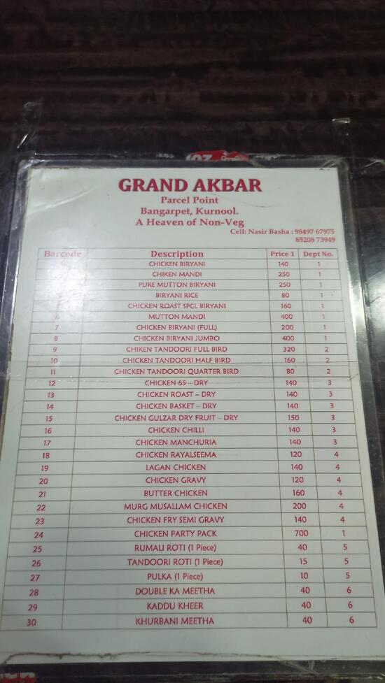 Menu at GRAND AKBAR, Kurnool