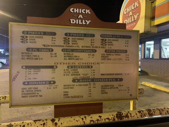 Menu at Chick-A-Dilly fast food, El Dorado, W Hillsboro St