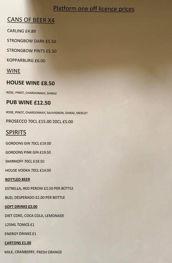 Menu at Platform One pub & bar, Romiley