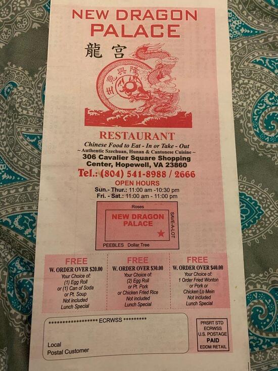 Menu at Dragon Palace restaurant, Hopewell