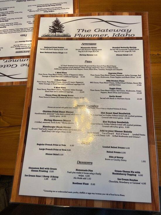 Menu at The Gateway restaurant, Plummer