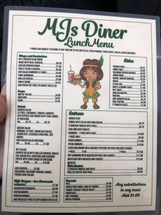 Menu at MJ's Diner restaurant, Hagersville, 22 Ojibway Rd