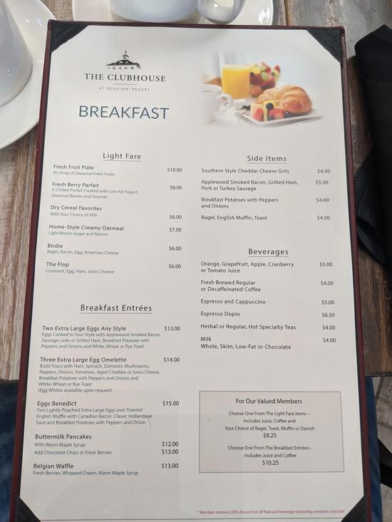 Menu at The Clubhouse, Poinciana