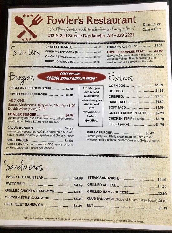 Menu at Fowlers Restaurant, Dardanelle
