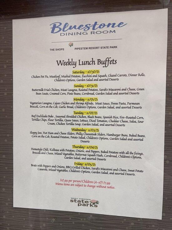 Menu at Bluestone Dining Room restaurant, Pipestem, Pipestem Dr