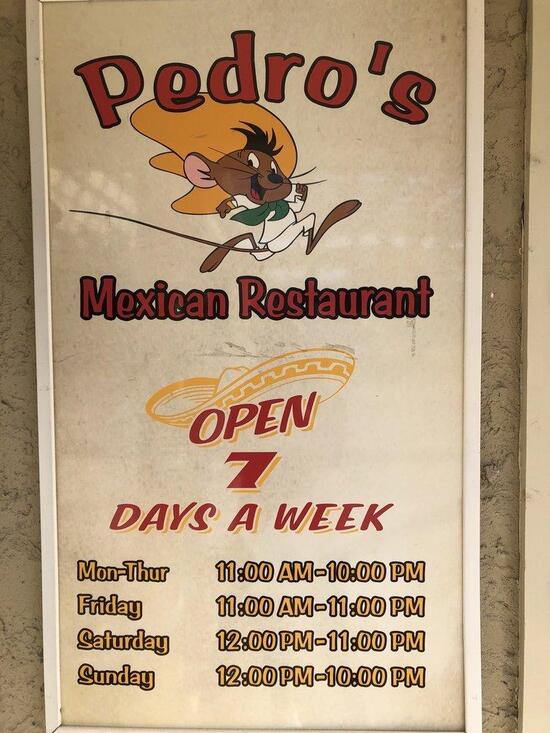 Menu at Pedro's Mexican Restaurant, Irmo