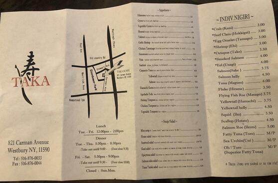Menu at Taka Sushi restaurant, Westbury