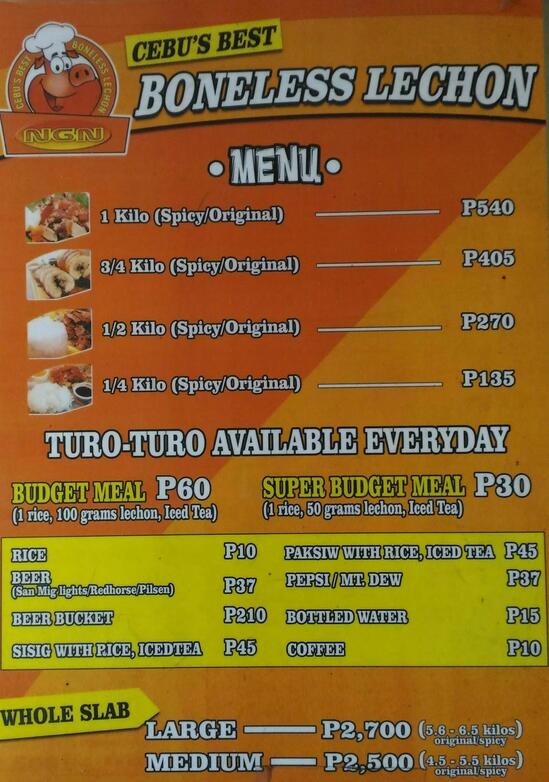 Menu at Cebu's Best Boneless Lechon cafeteria, Bacolod