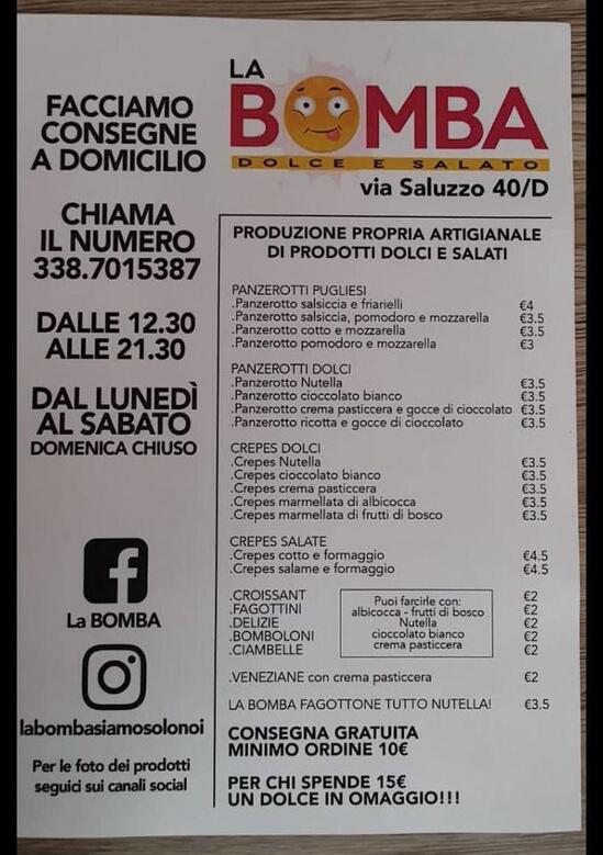 Menu da La Bomba ristorante, Torino