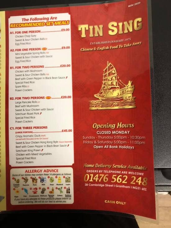 Menu at Tin Sing fast food, Grantham