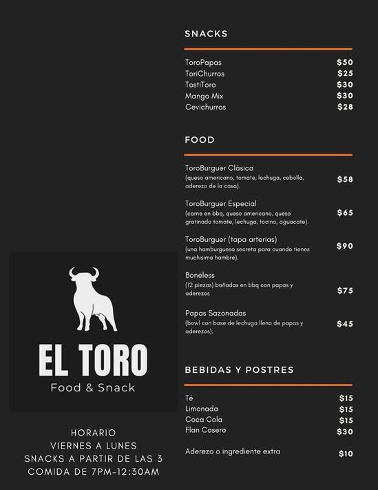 Menu at El Toro Food & Snack restaurant, Guasave