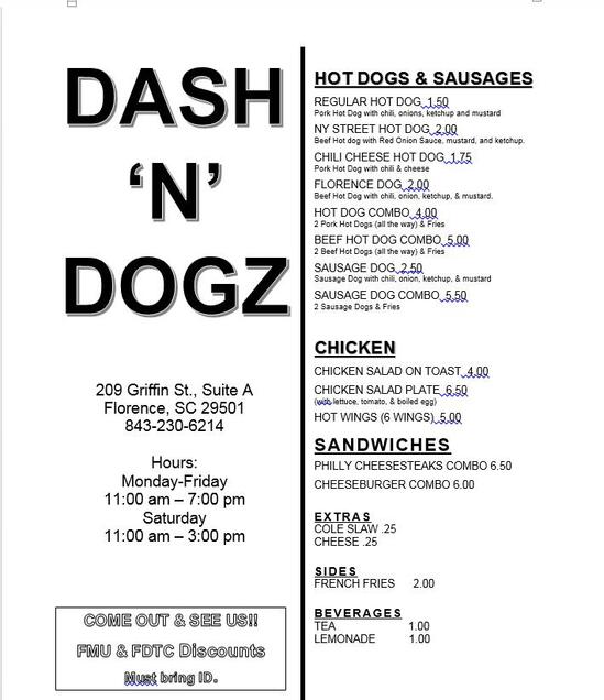 Menu at Dash-N-Dogz, LLC restaurant, Florence