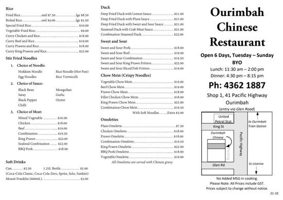 Menu at Ourimbah Chinese restaurant, Ourimbah